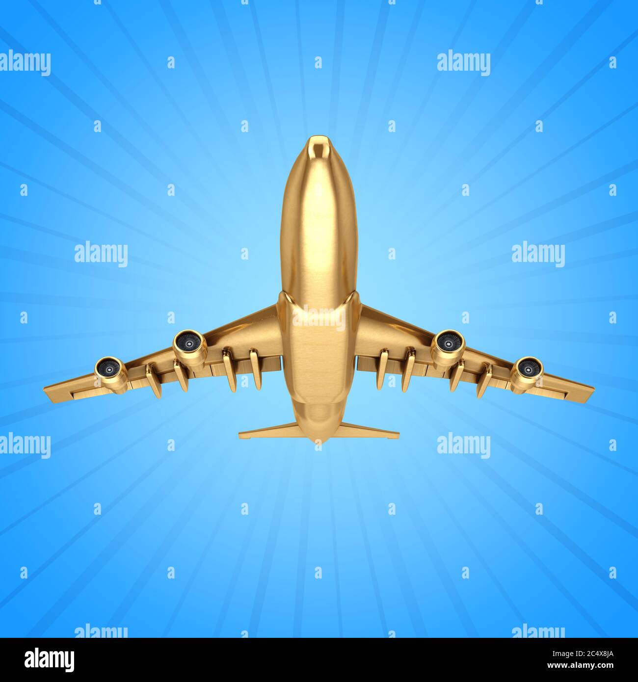 Golden Jet Passenger's Airplane on a blue background. 3d Rendering ...