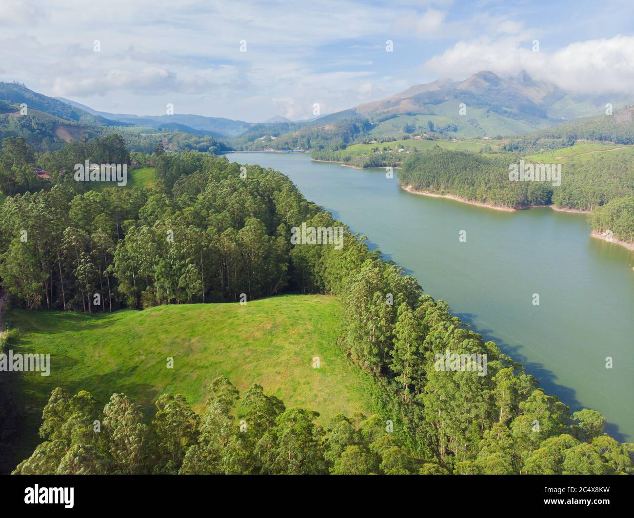 Aerial view beautiful nature with mountains and hills by Lake ...