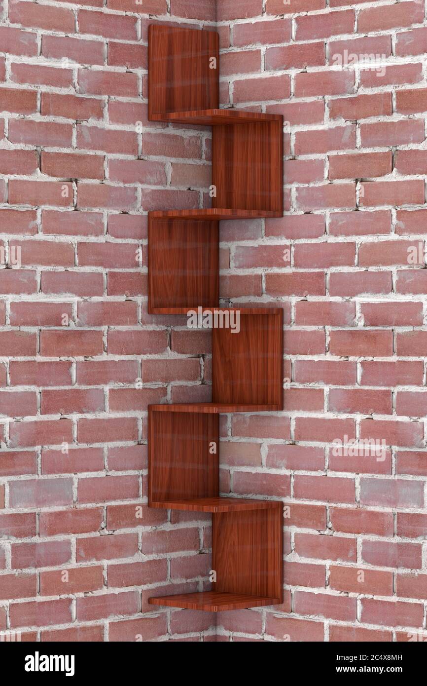 Modern Empty Wooden Book Shelf in front of brick wall. 3d Rendering ...