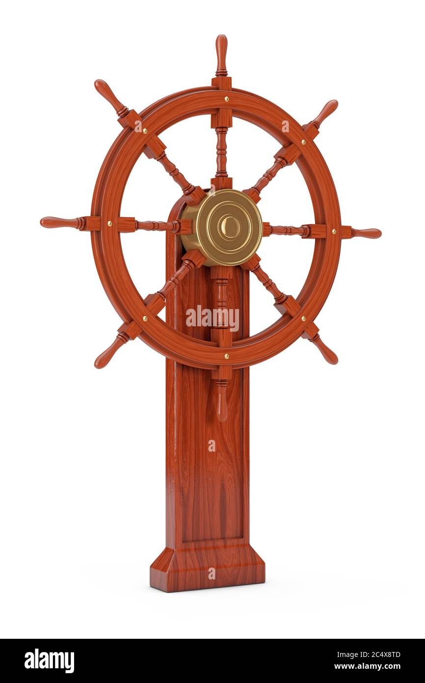 Vintage Wooden Ship Steering Wheel with Stand on a white background. 3d ...