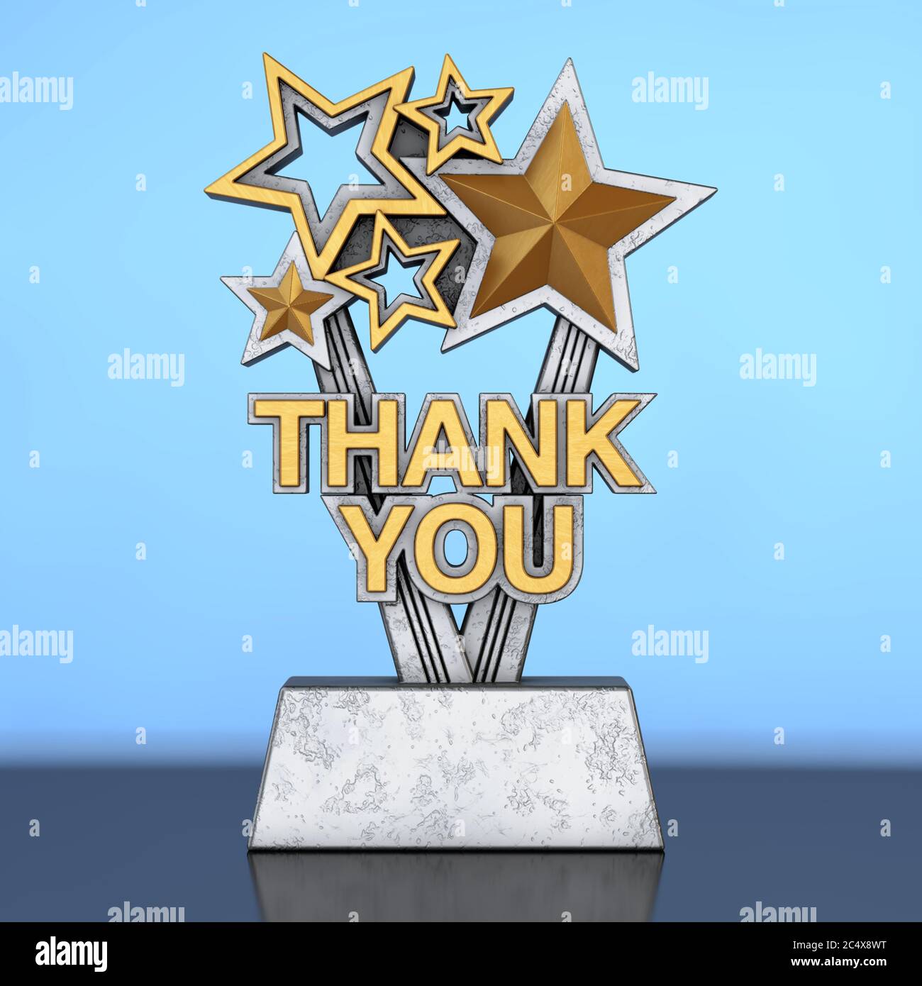 Award Trophy with Golden Thank You Sign on a blue background. 3d ...