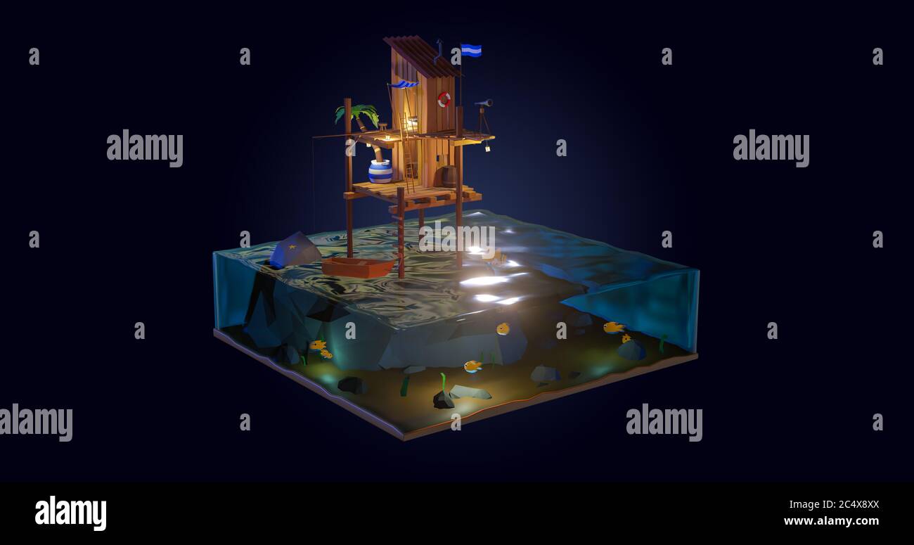 3d Cartoon wooden sea shack night scene on the sea, with flag and wood ...