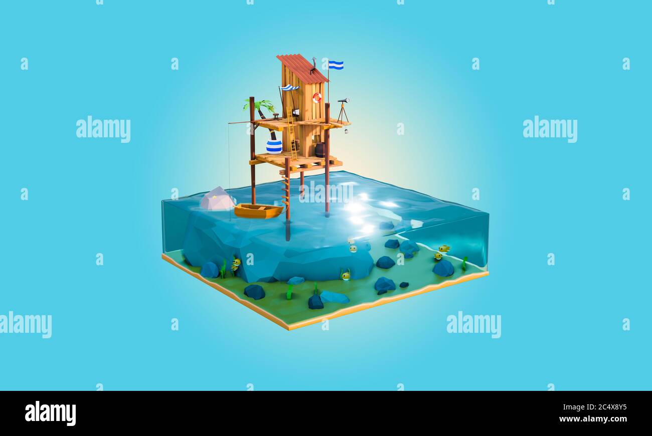 3d Cartoon wooden sea shack on the sea, with flag and wood boat ...