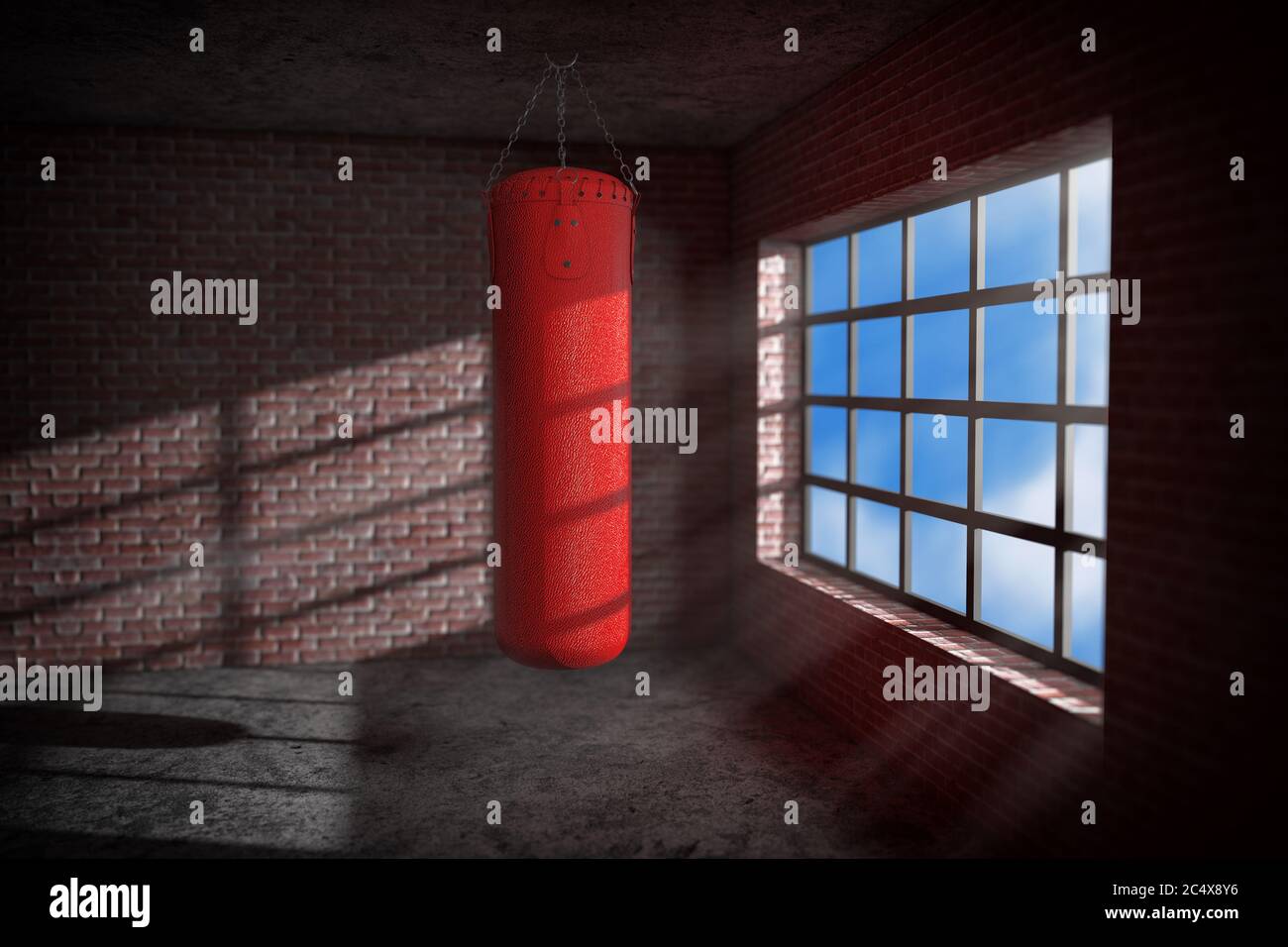 Red Leather Punching Bag in Dark Boxing Room extreme closeup. 3d ...