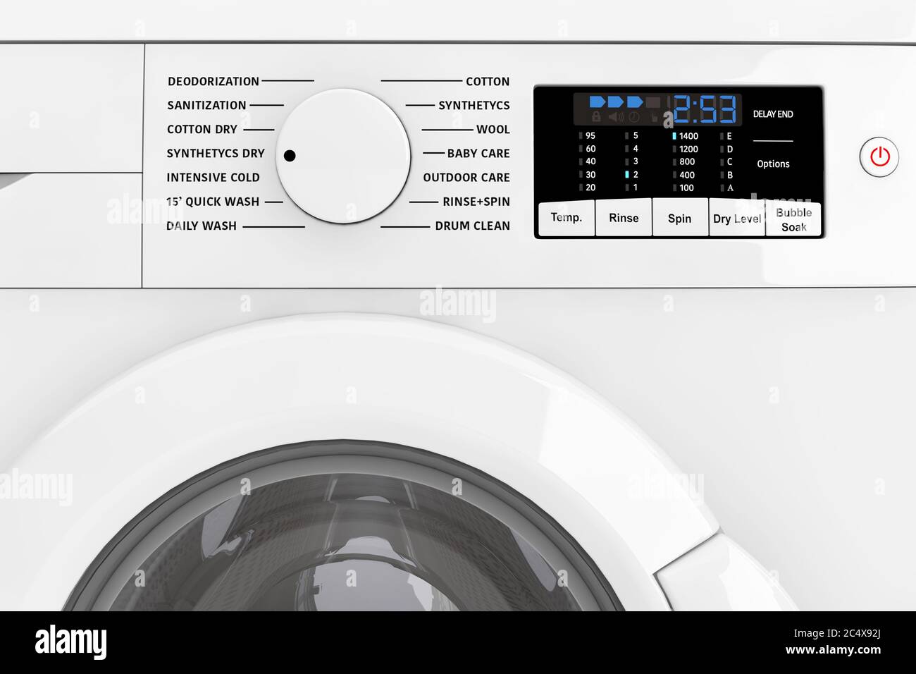 Modern White Washing Machine Front Panel with Display extreme closeup ...