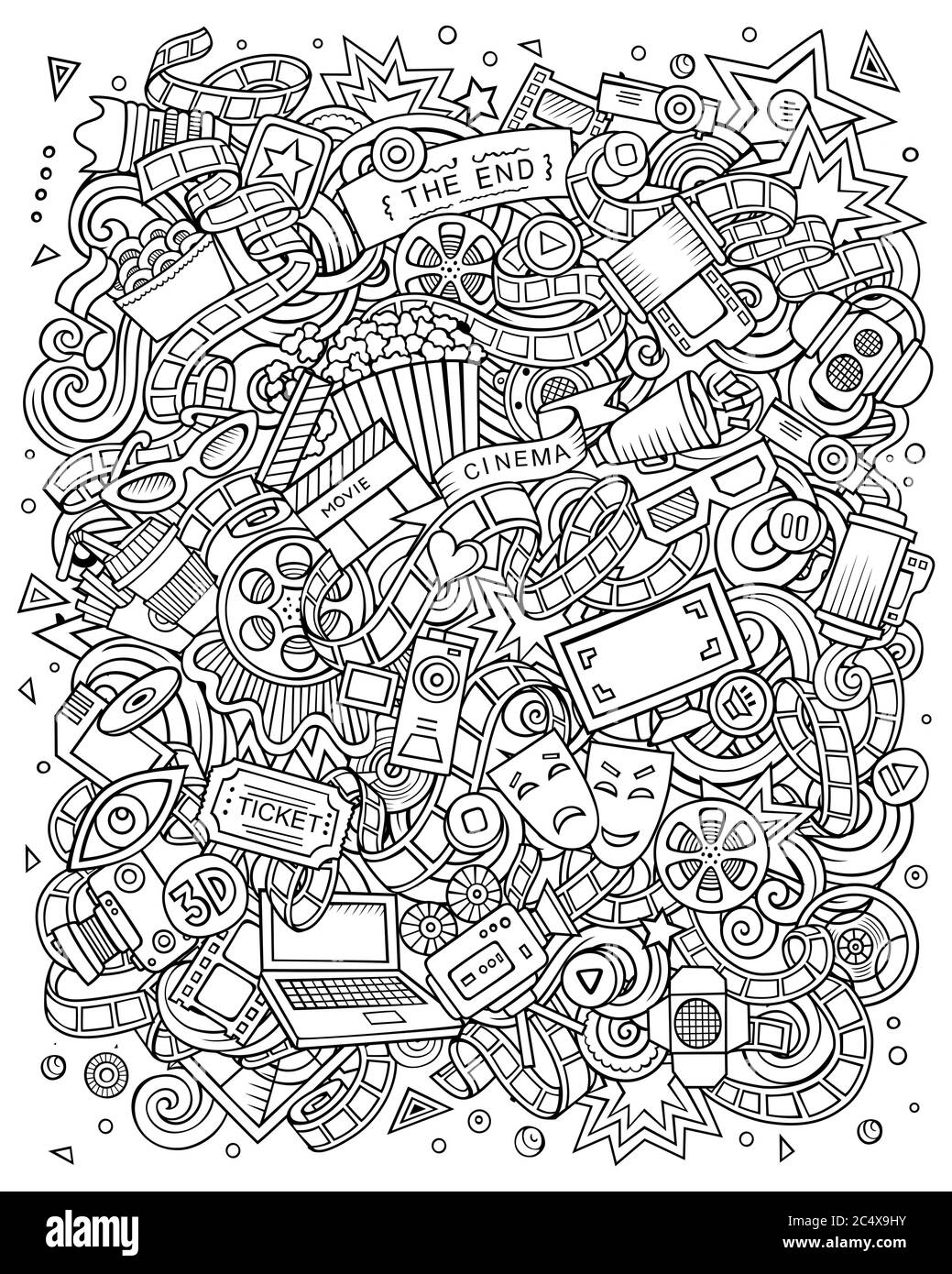 Cartoon line art vector funny doodles Cinema illustration Stock Vector ...