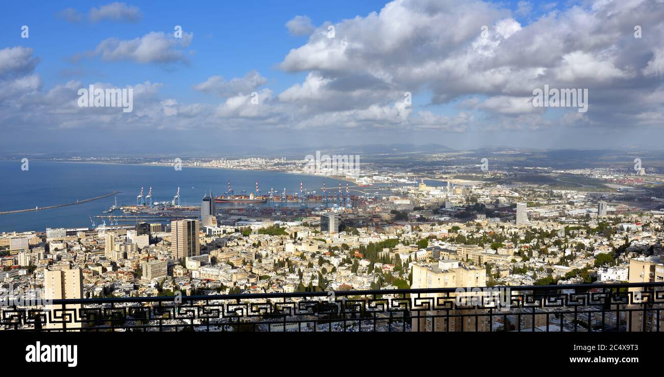 Aerial view of Haifa city, ships were at anchor in the waters of the ...
