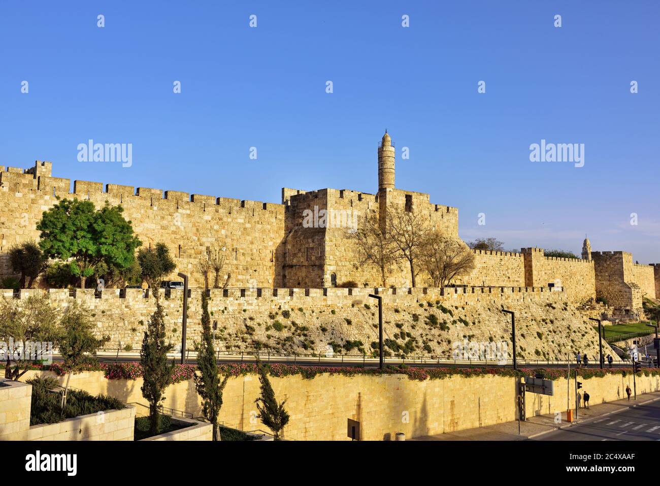 The walls of the eternal Jerusalem at sunset. Warm evening light ...