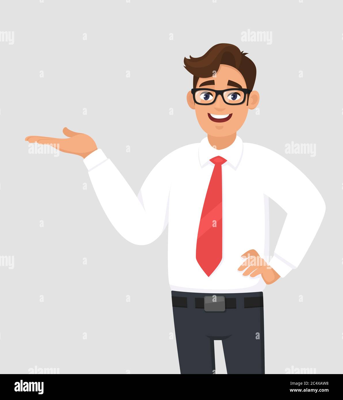 Portrait of businessman showing/pointing hand to copy space side away ...