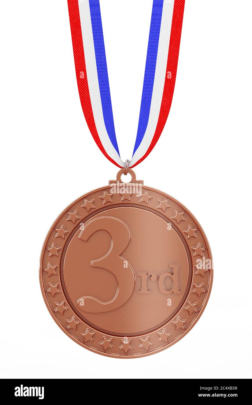 Bronze Third Place Winners Medal with Ribbon on a white background. 3d ...