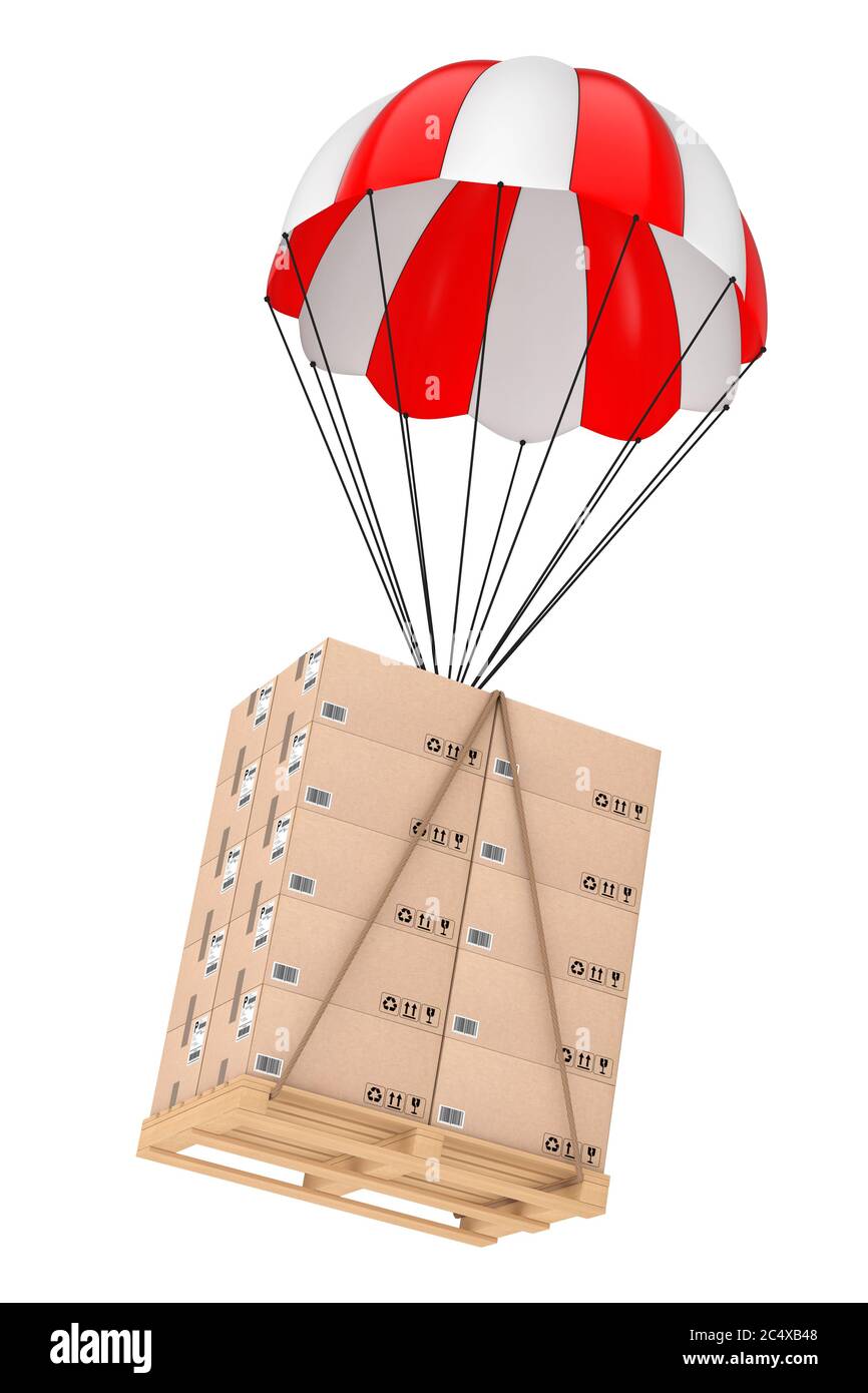 Logistics Concept. Cardboard boxes on Wooden Palette with Parachute on ...