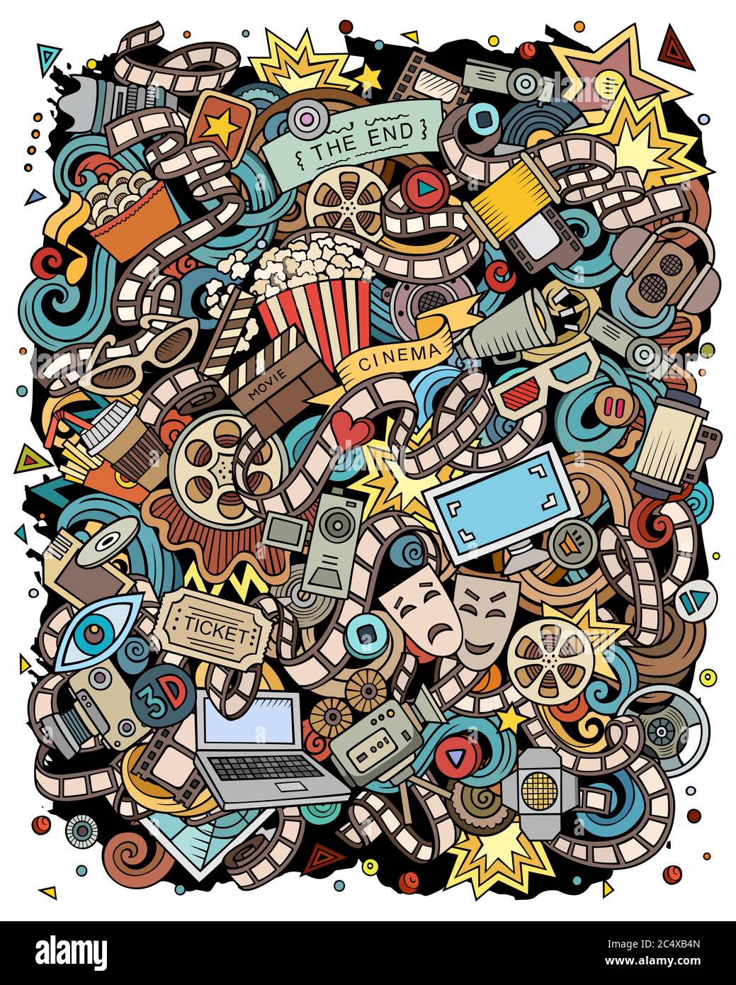 Cartoon vector doodles Cinema illustration. Movie funny picture Stock ...