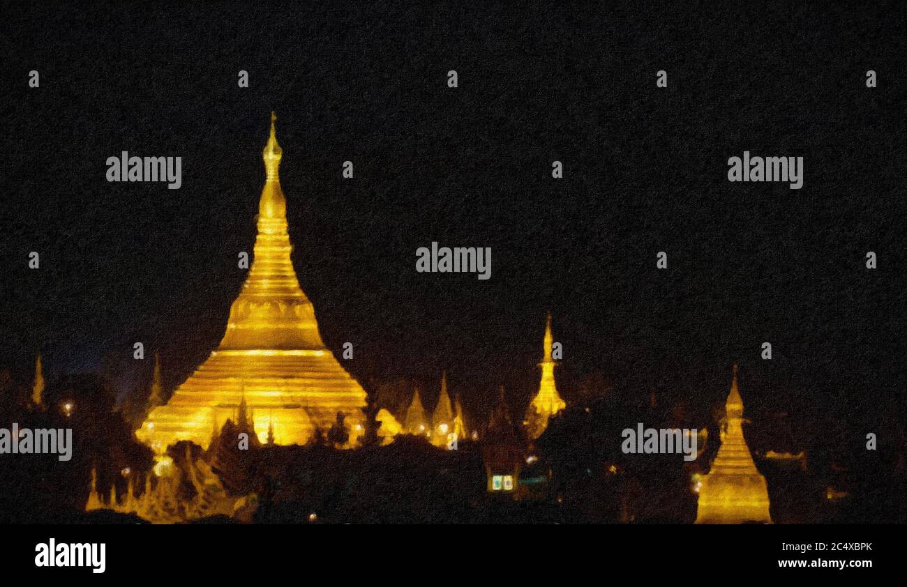 The Shwedagon Pagoda lit up against a black night sky, Yangon, Myanmar ...