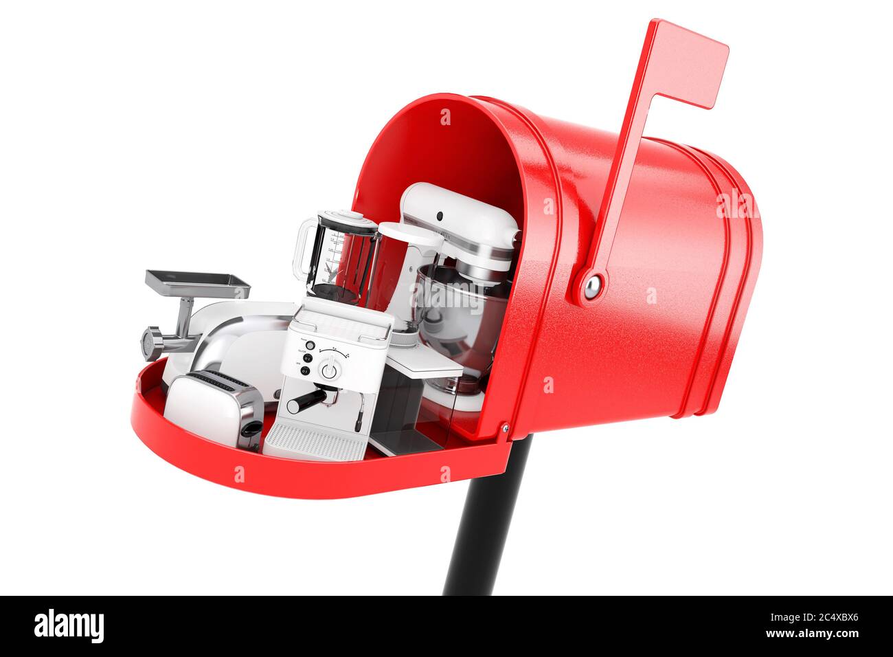 Kitchen Appliances Set in Red Mailbox on a white background. 3d ...