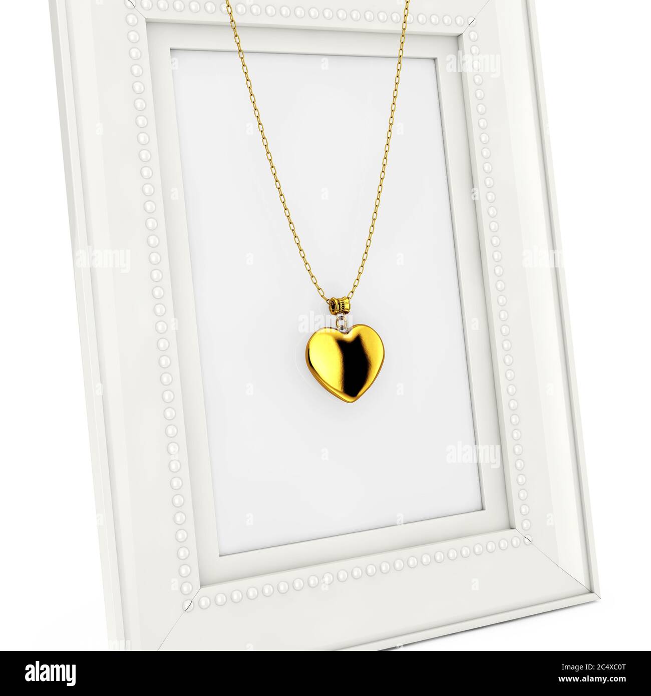 Golden Heart Medallion on Chain over Empty Photo Frame on a white ...