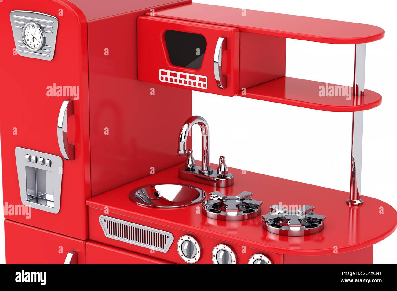Red Vintage Toy Kitchen Extreme Closeup on a white background. 3d ...