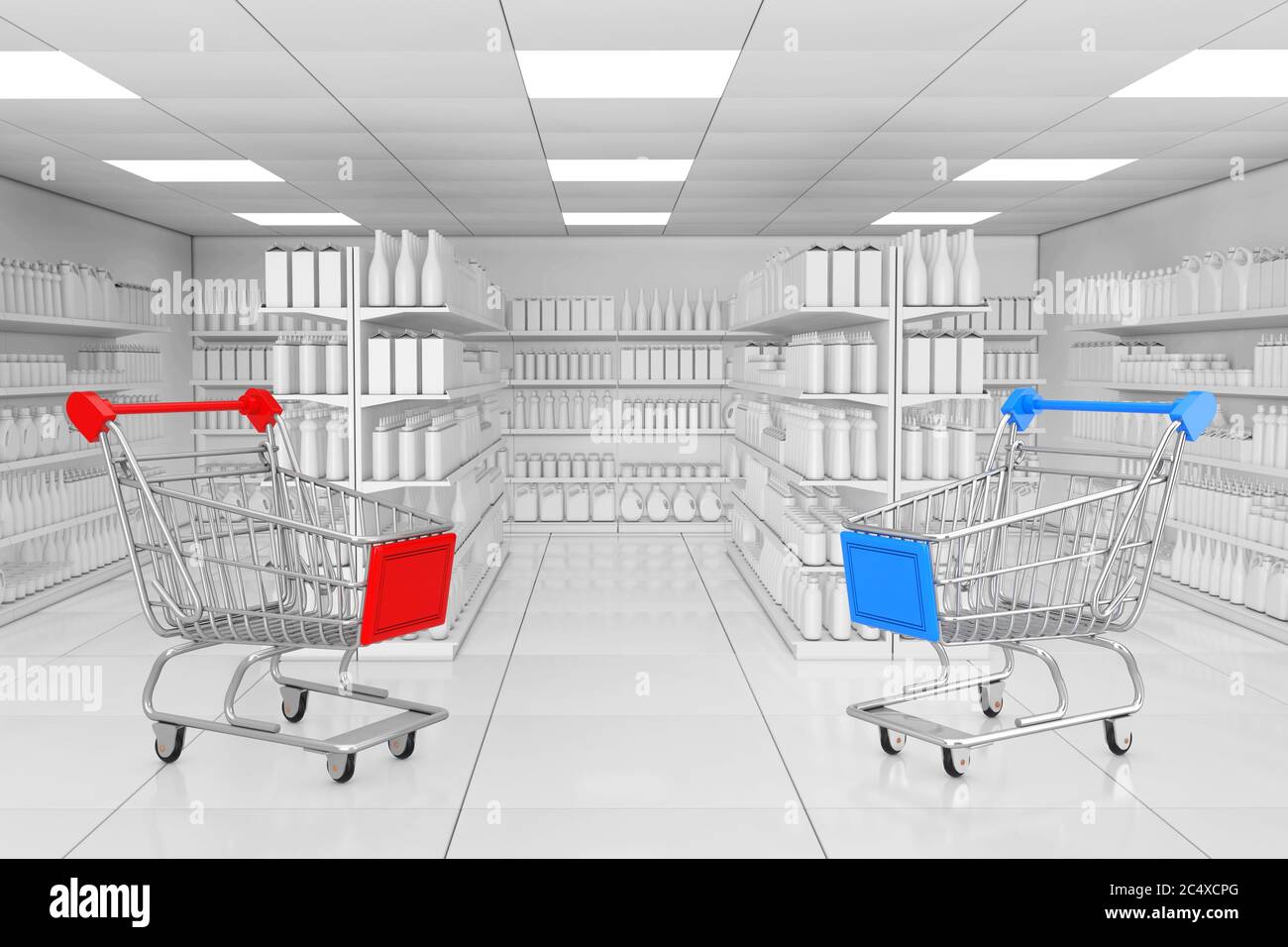 Shopping Carts near Market Shelving Rack with Blank Products or Goods ...