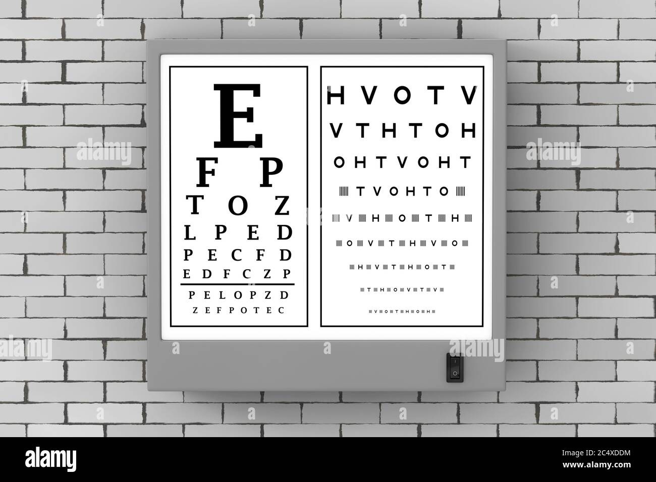 Snellen Eye Chart Test Light Box in front of brick wall. 3d Rendering ...