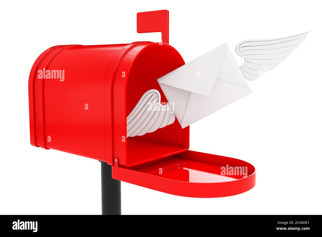 White Envelope Letter with Wing Flying to Red Mailbox on a white ...