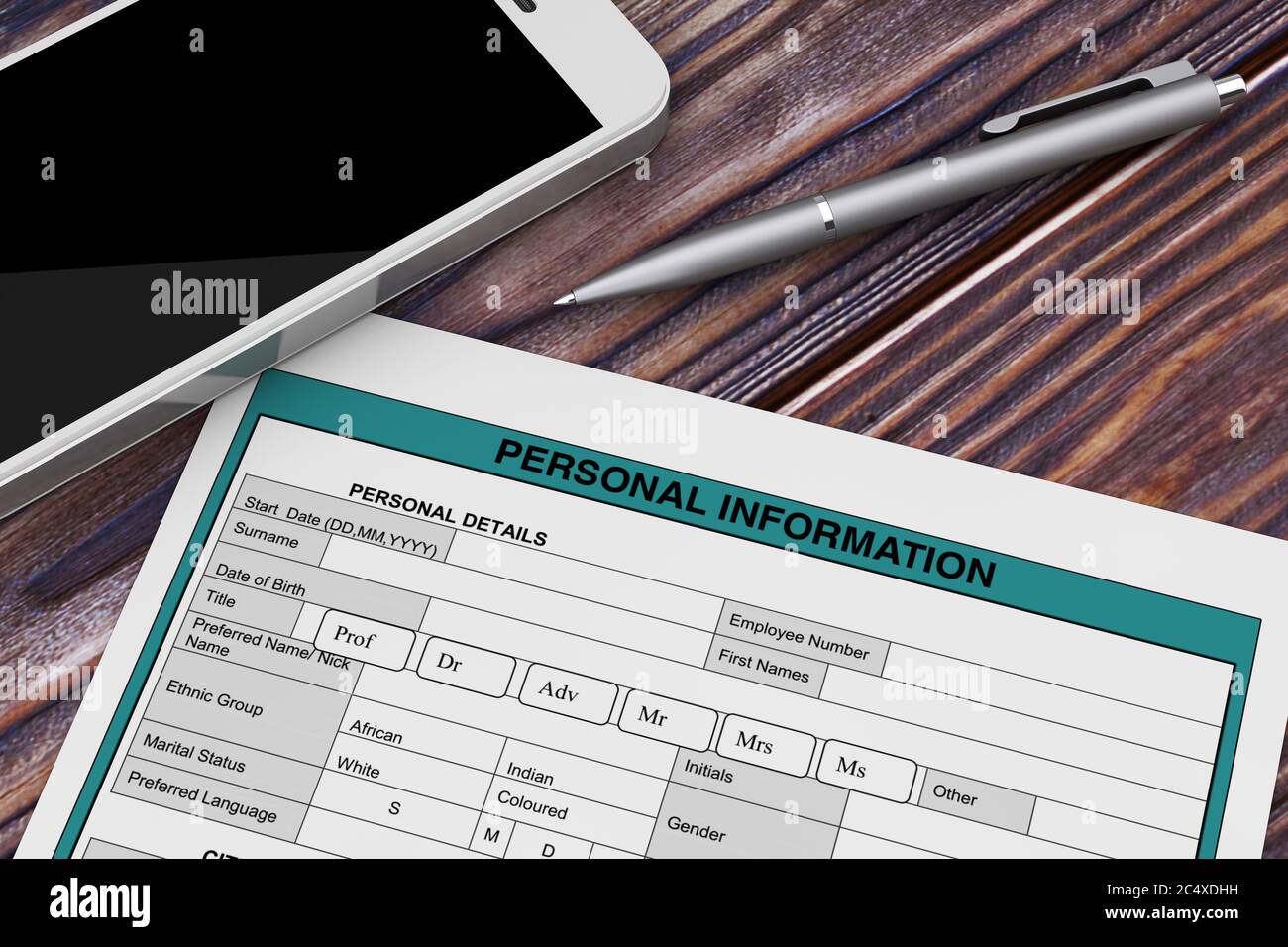 Personal Information Form near Mobile Phone and Pen extreme closeup. 3d ...