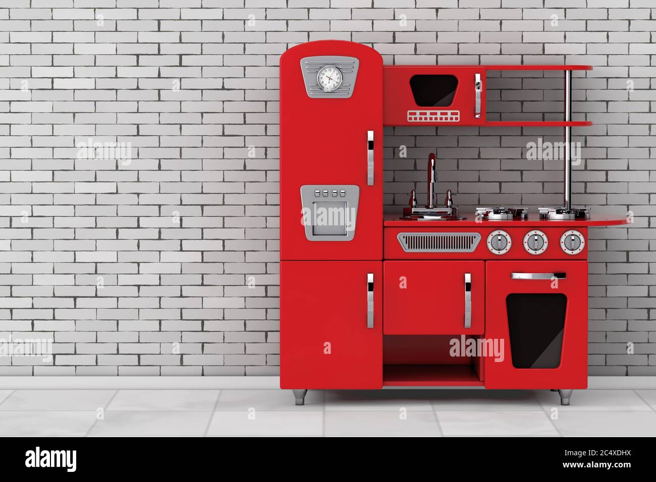 Red Vintage Toy Kitchen in front of brick wall. 3d Rendering Stock ...