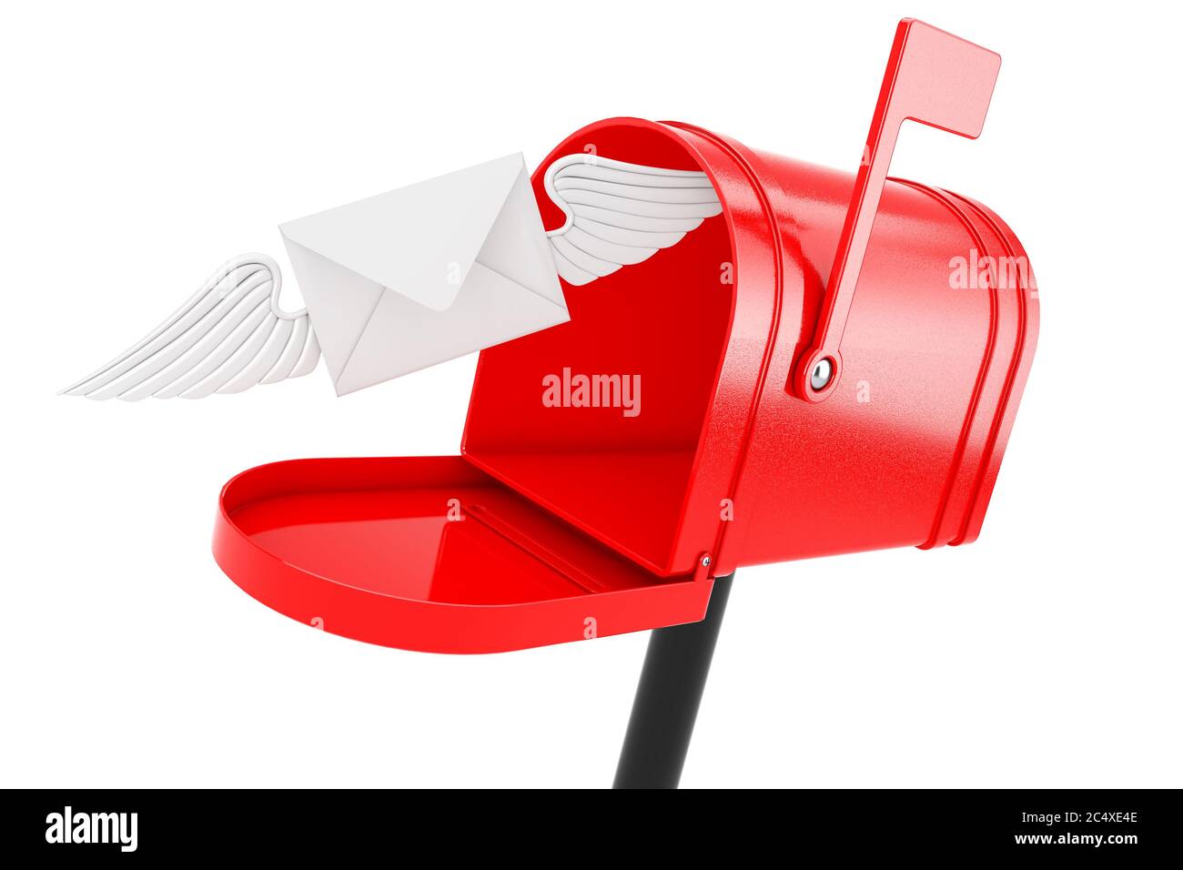 White Envelope Letter with Wing Flying to Red Mailbox on a white ...