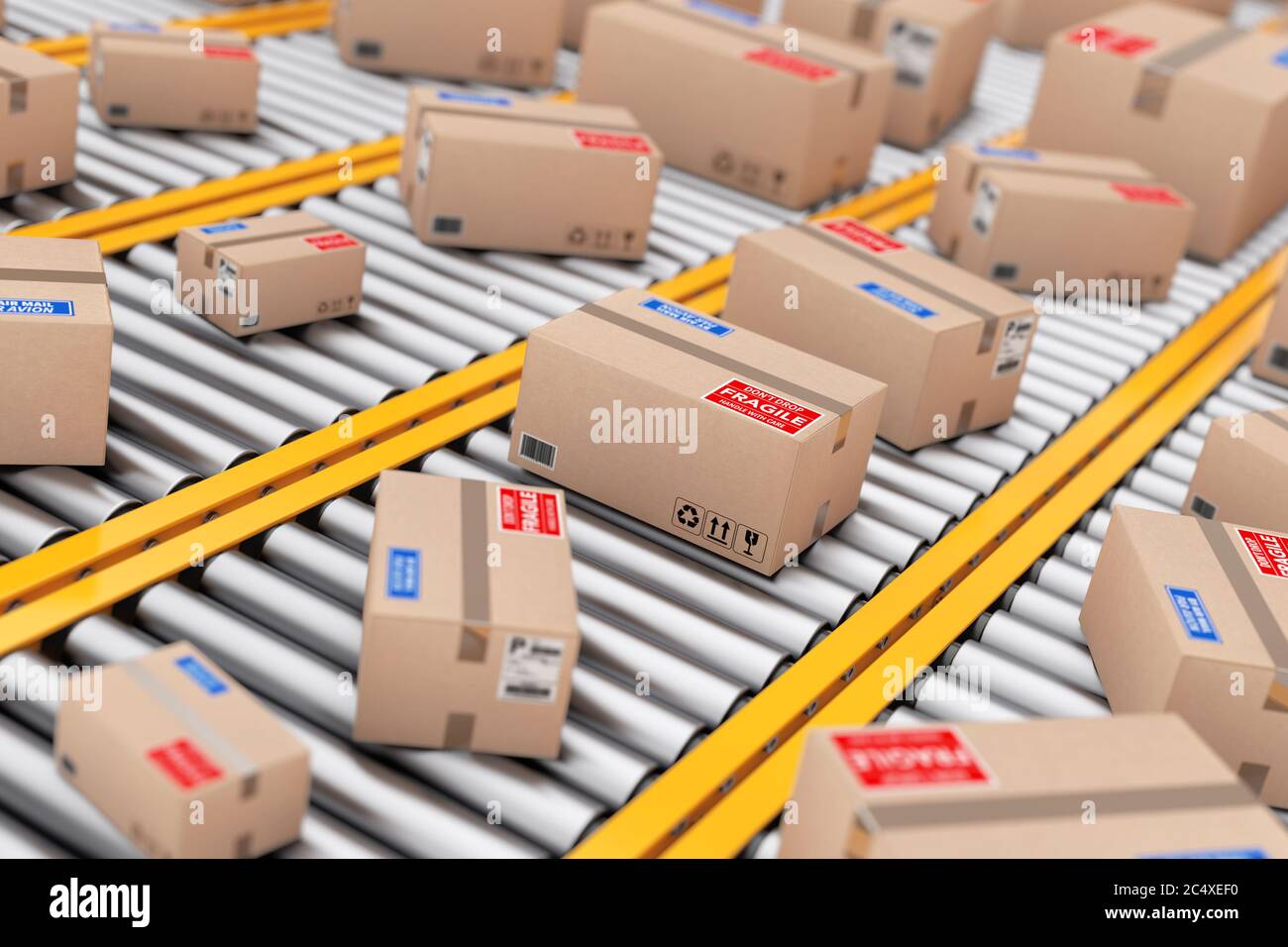 Many Parcel Cardboard Boxes over Roller Conveyor Lines extreme closeup ...