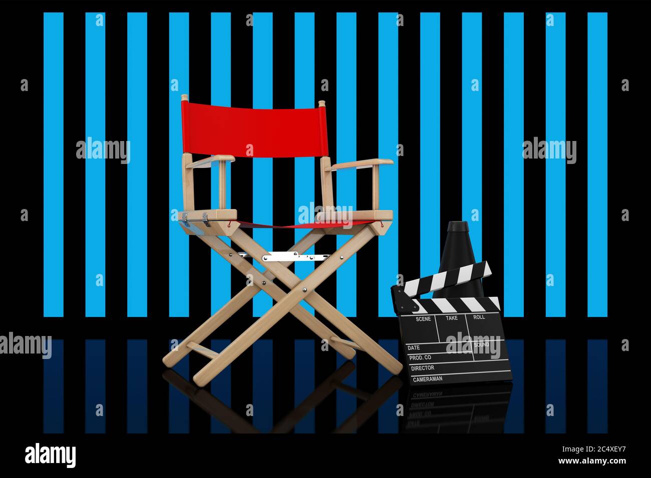 Red Director Chair, Movie Clapper and Megaphone in front of Stripped ...