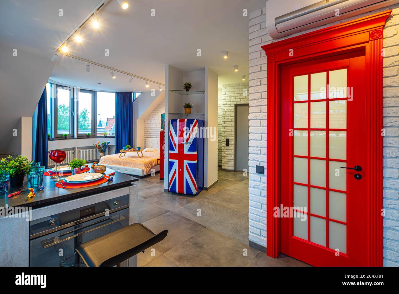 Modern loft interior in british style of luxury studio apartment. Food ...