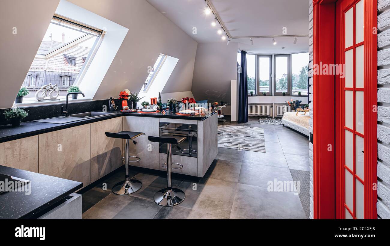 Modern loft interior in british style of luxury studio apartment. Food ...