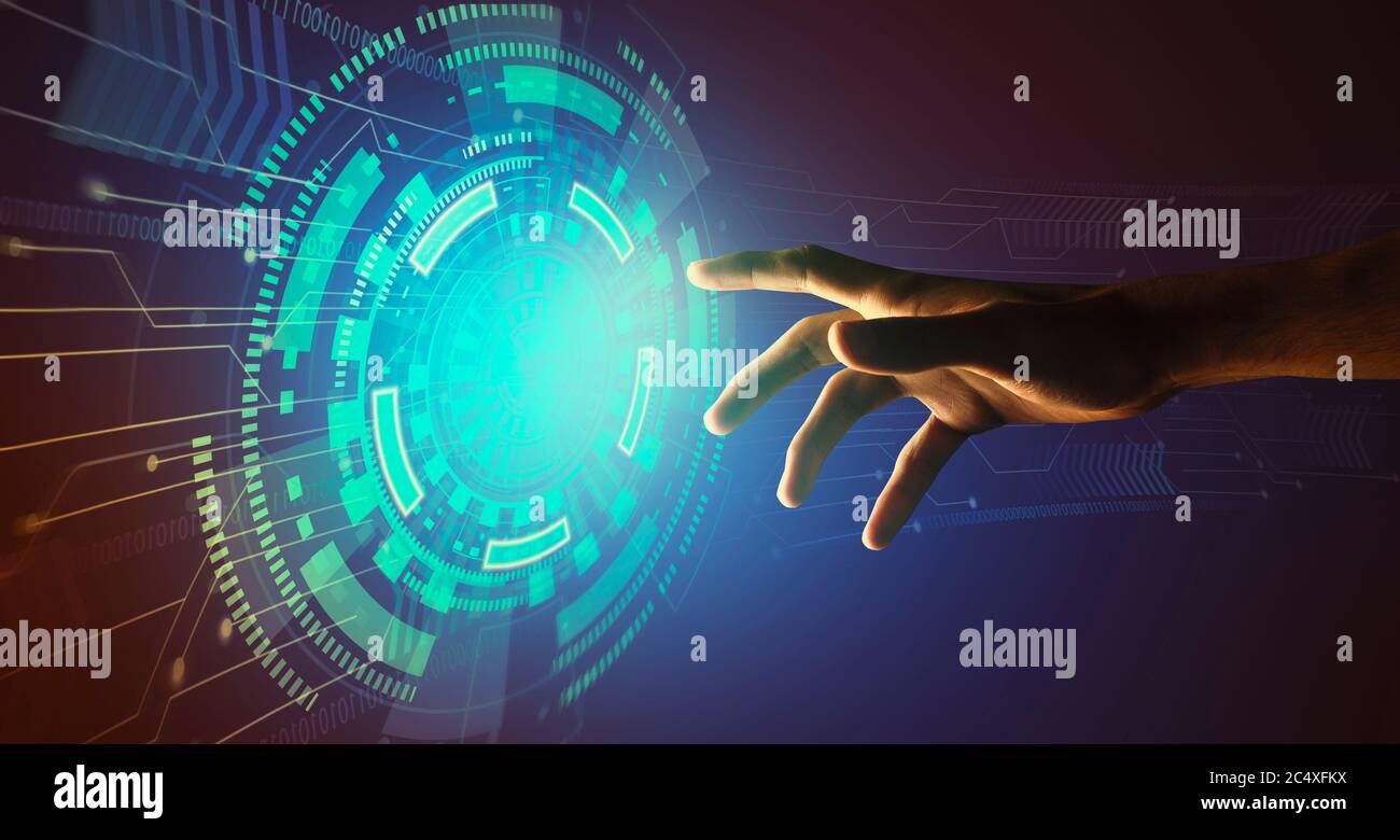Advanced technologies. Collage of male hand touching virtual screen ...