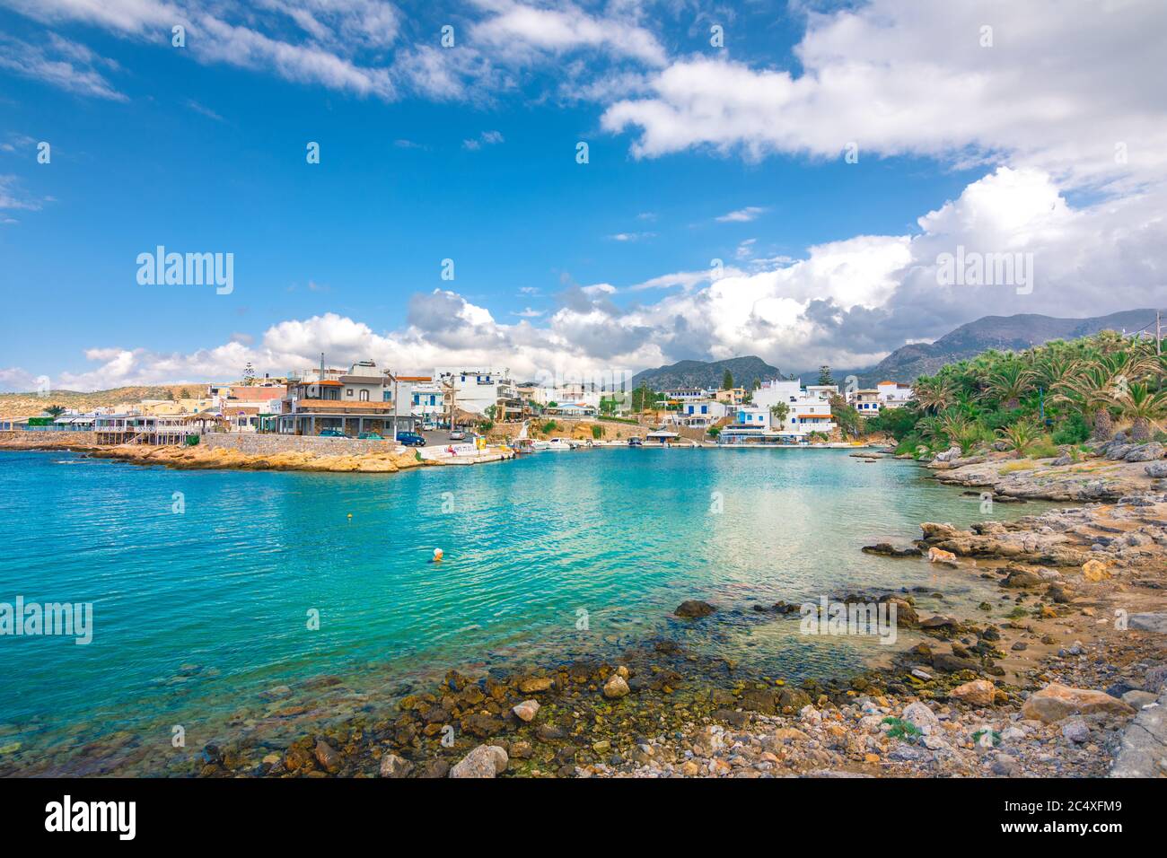 A nice spring view of the old harbor of traditional village Sisi, Crete ...