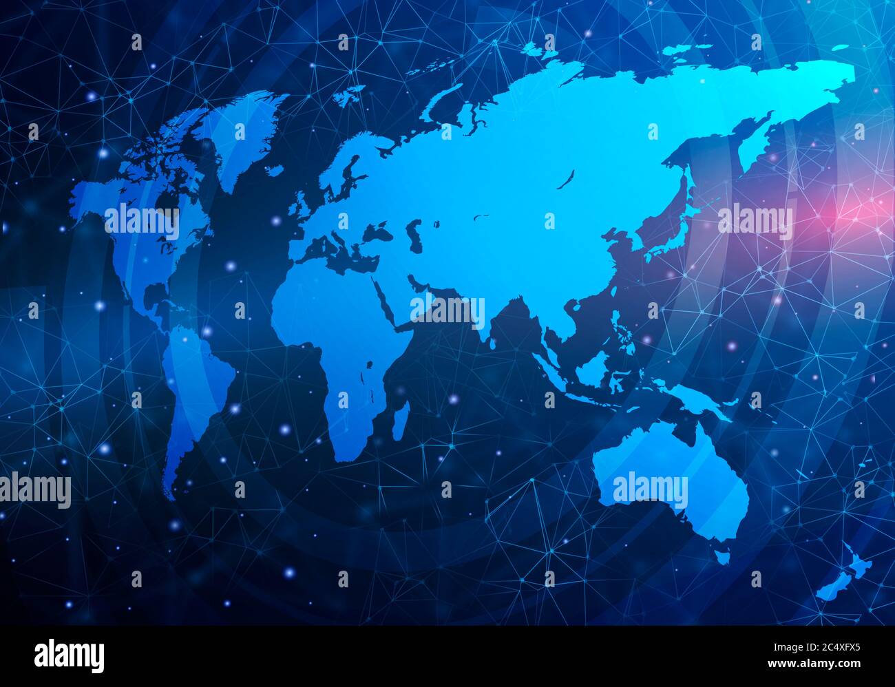 Illustration with world map and global connections network grid on blue ...