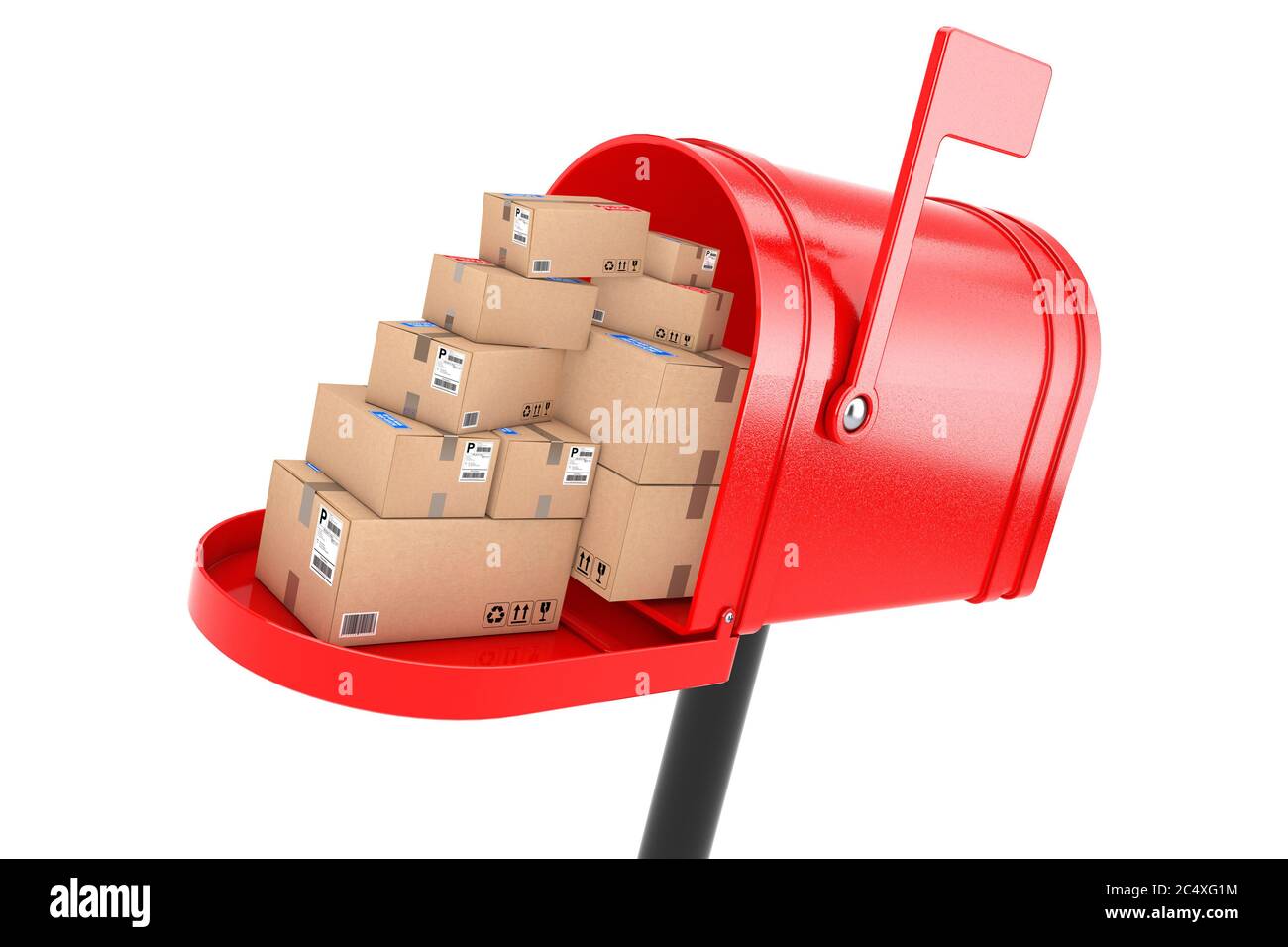 Pile of Stacked Cardboard Boxes Parcels in Red Mailbox on a white ...