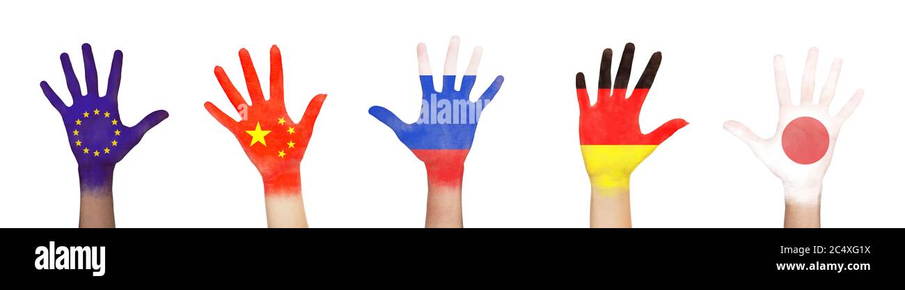 International Cooperation. Diverse National Flags Painted On Hands ...