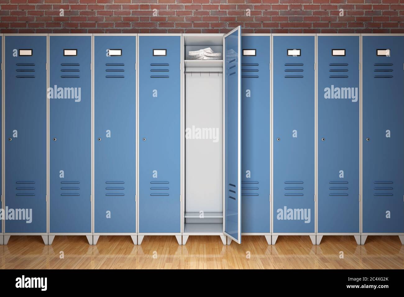 Row of Metal Gym Lockers in Front of Brick Wall extreme closeup. 3d ...