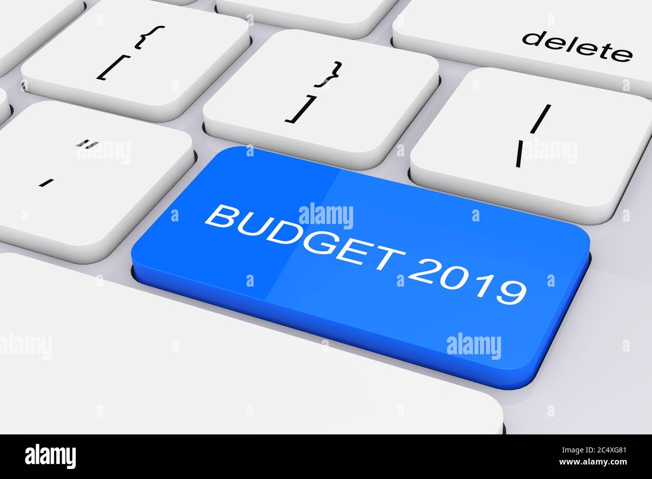 Blue Budget 2019 Key on White PC Keyboard extreme closeup. 3d Rendering ...