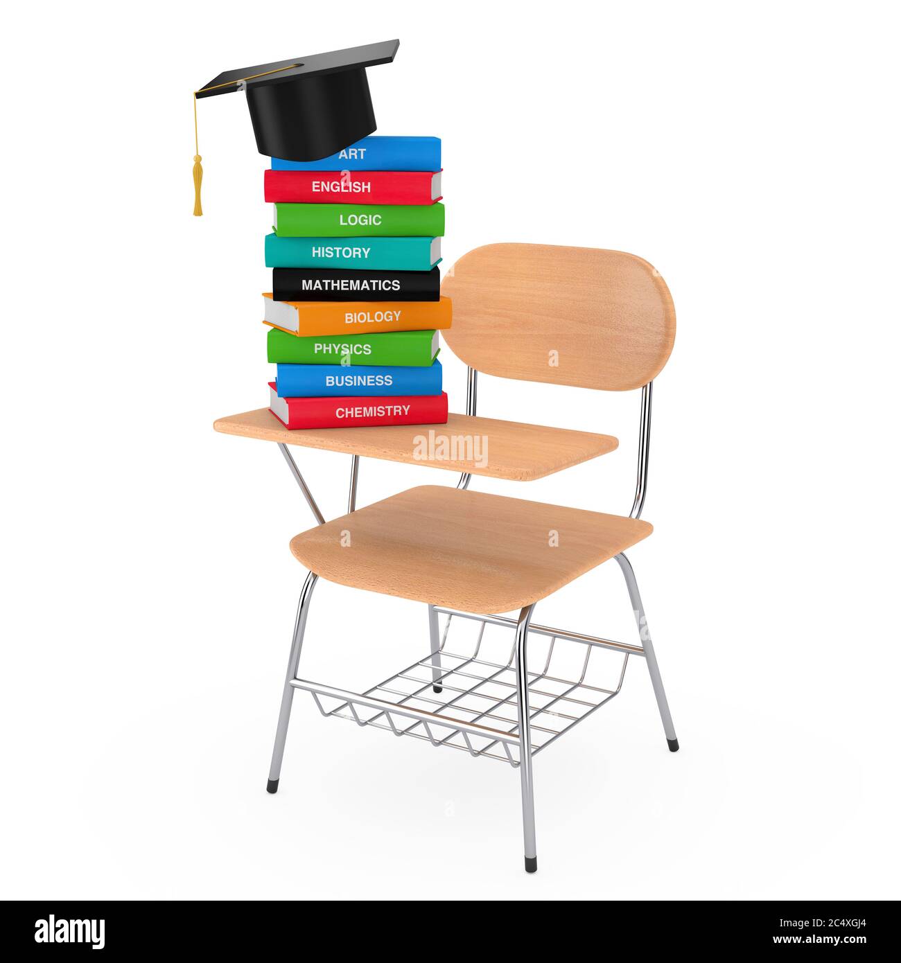 Gaduation Hat with Stack of Coloured School Books over Wooden Lecture ...