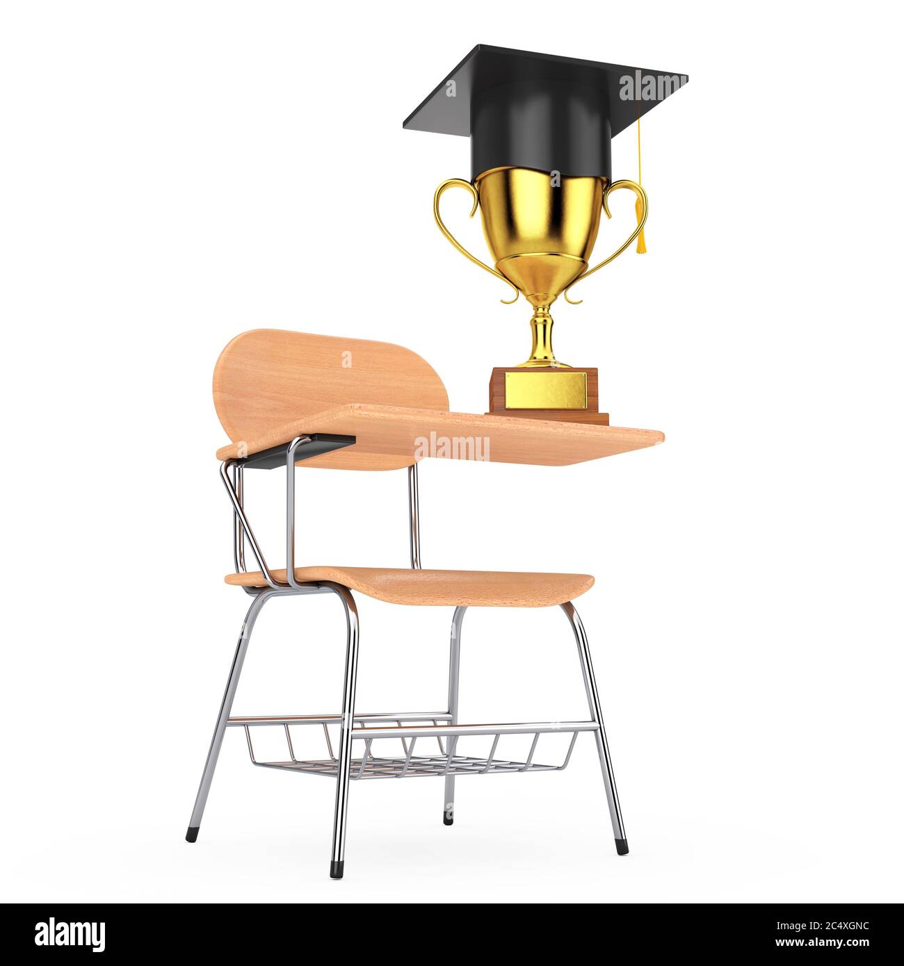 Graduation Hat with Golden Trophy over Wooden Lecture School or College ...