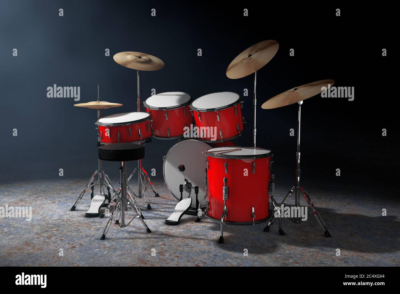 Professional Rock Red Drum Kit in the Volumetric Light on a black ...