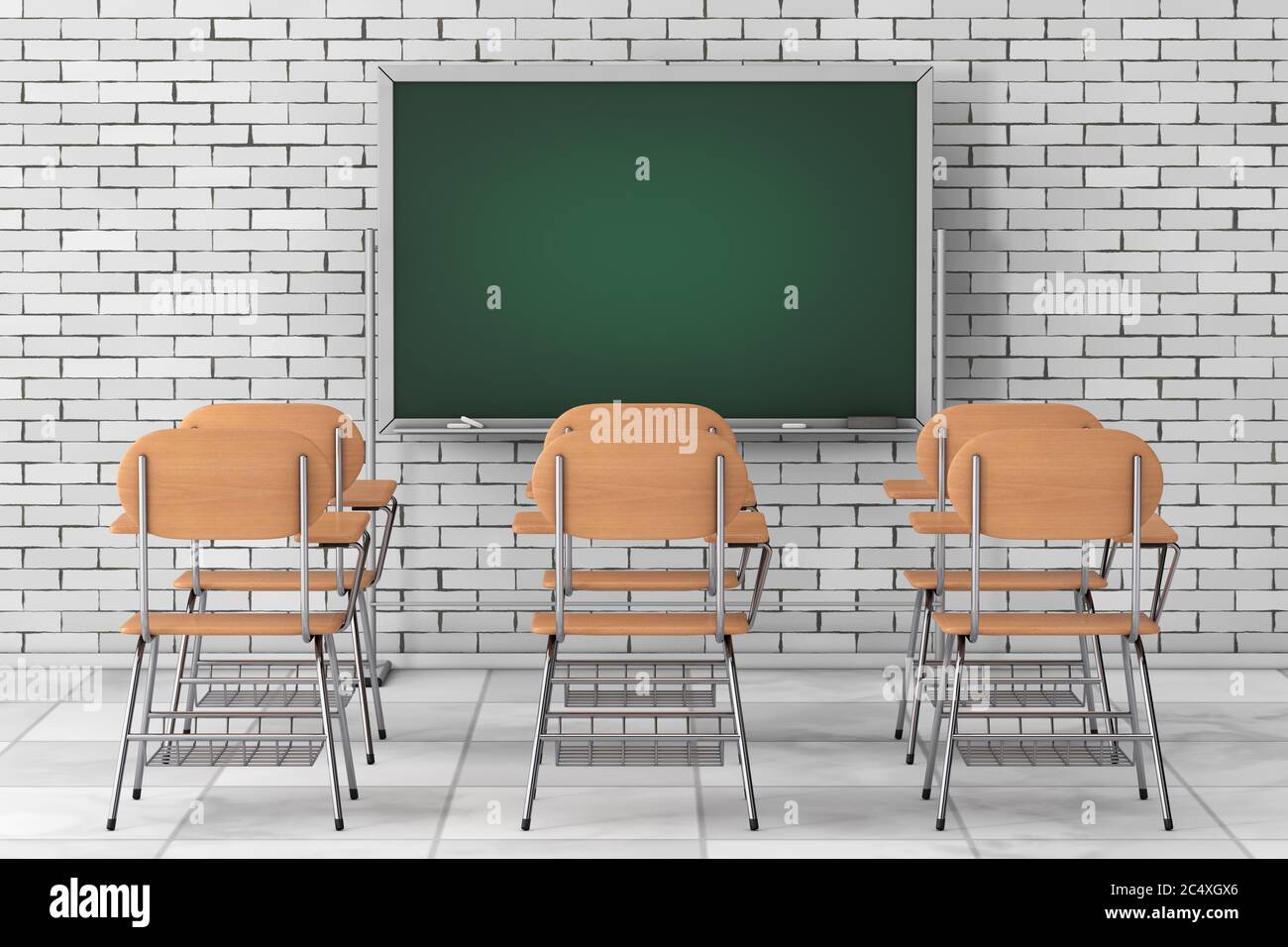 Rows of Wooden Lecture School or College Desk Tables with Chairs near ...