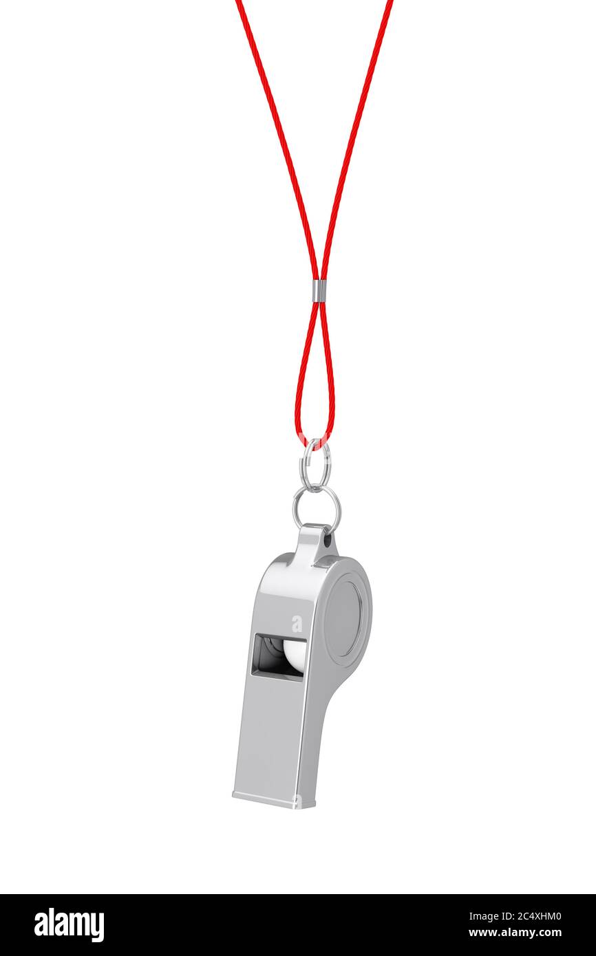 Classic Metal Coaches Whistle Hanging on Red Rope on a white background ...