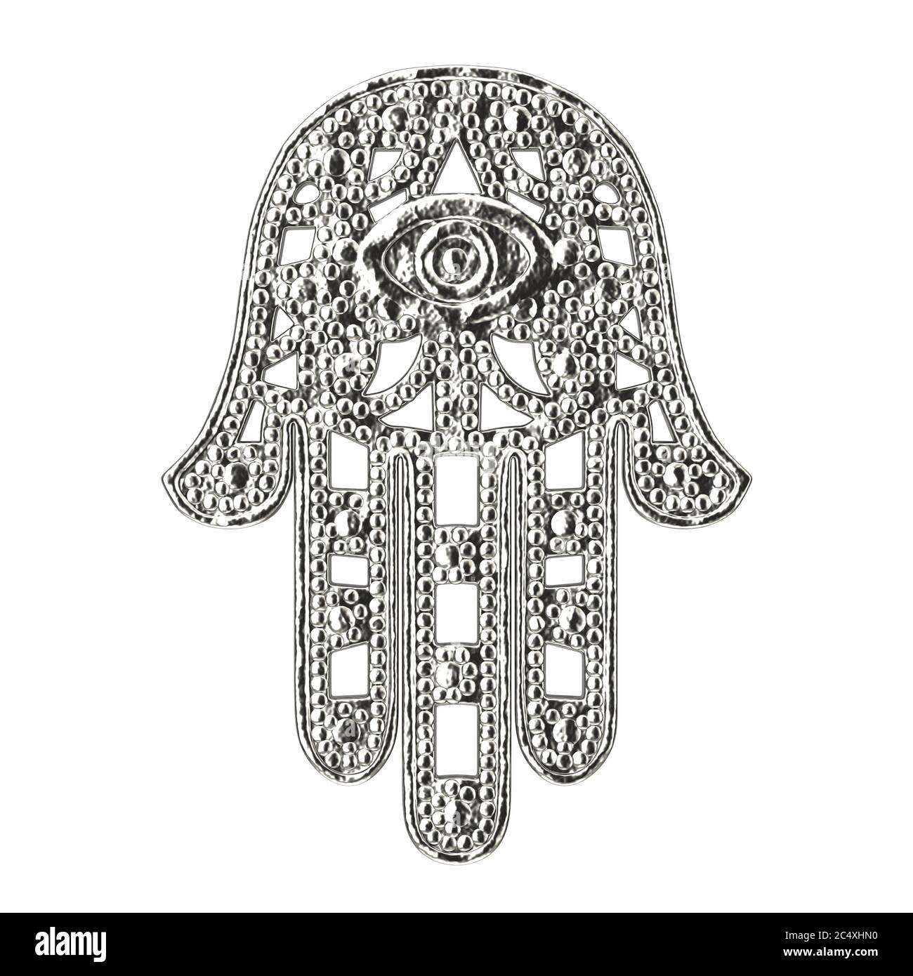 Silver Hamsa, Hand of Fatima Amulet Symbol on a white background. 3d ...