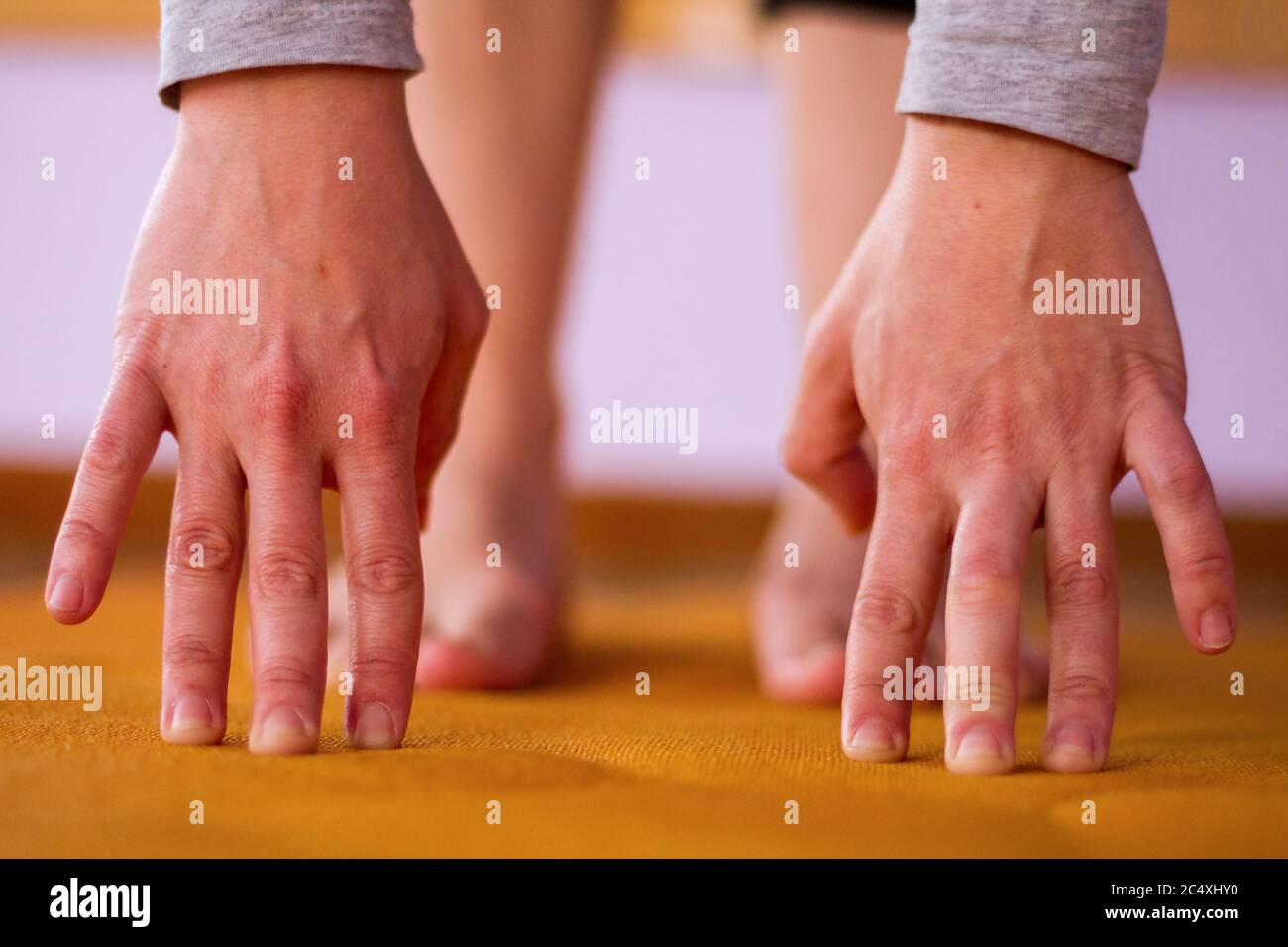 Close up of Standing forward bend done by female practitioner in a yoga ...