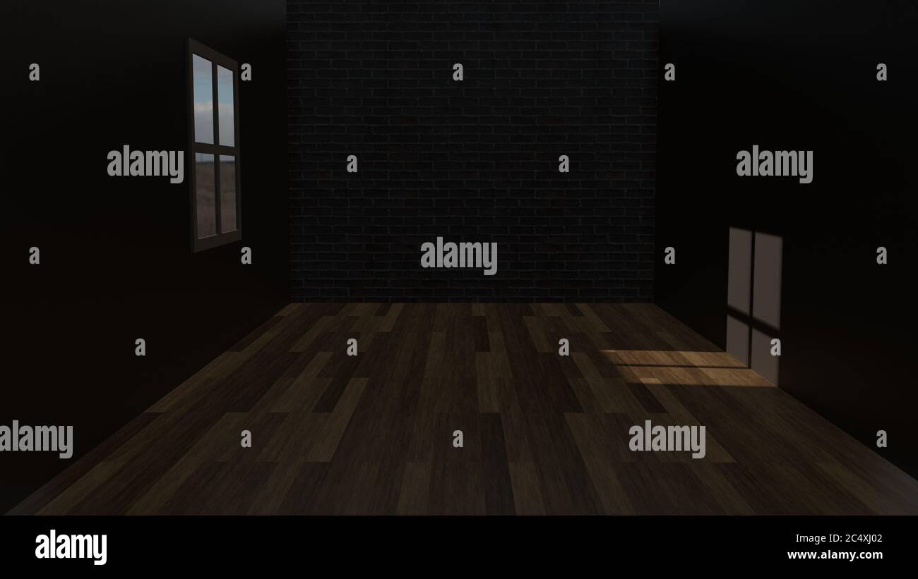 Dark empty room with brick wall and a window with sunlight shadow on ...