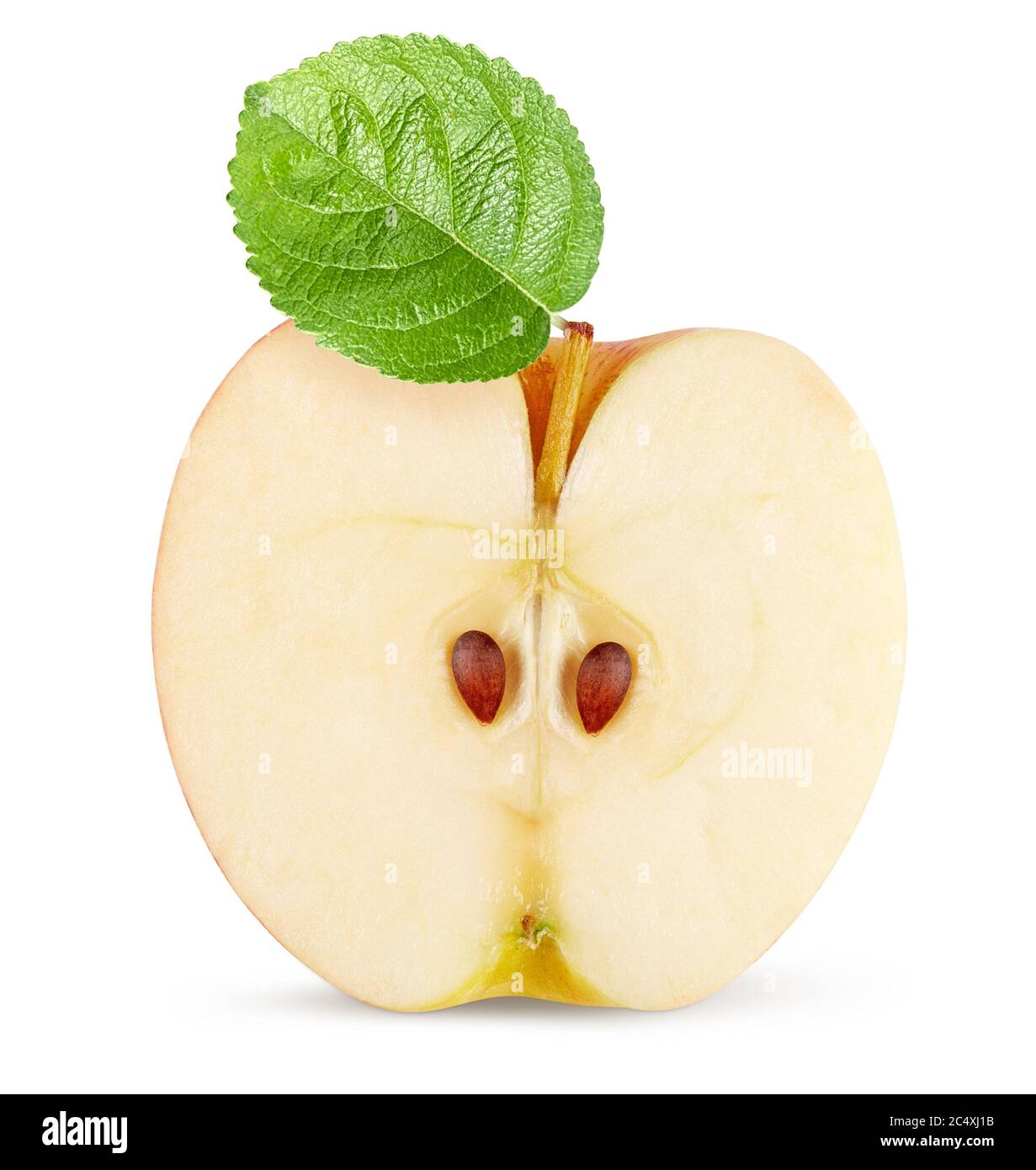 Cross section of a red apple with green leaf isolated on white ...