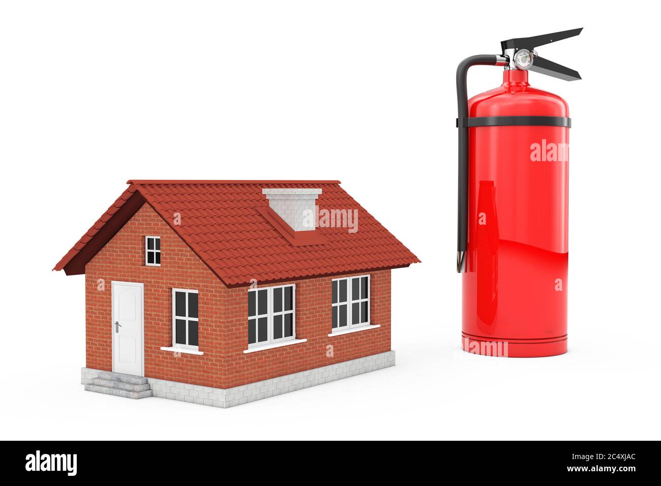 Fire-Prevention Protection of House. Red Fire Extinguisher near House ...
