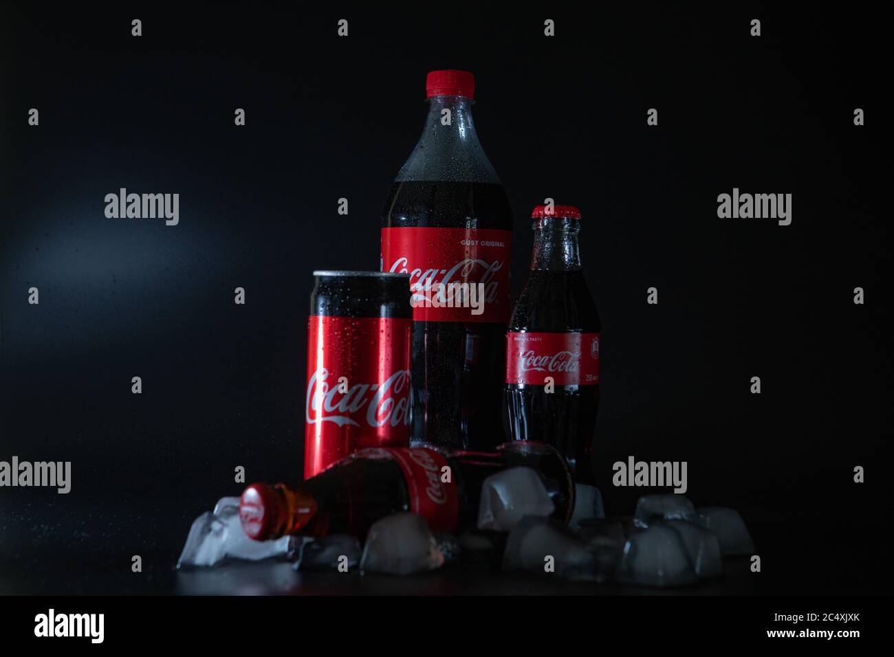 Lviv, Ukraine - 21, 2020: different size bottles of coca cola in ice at ...