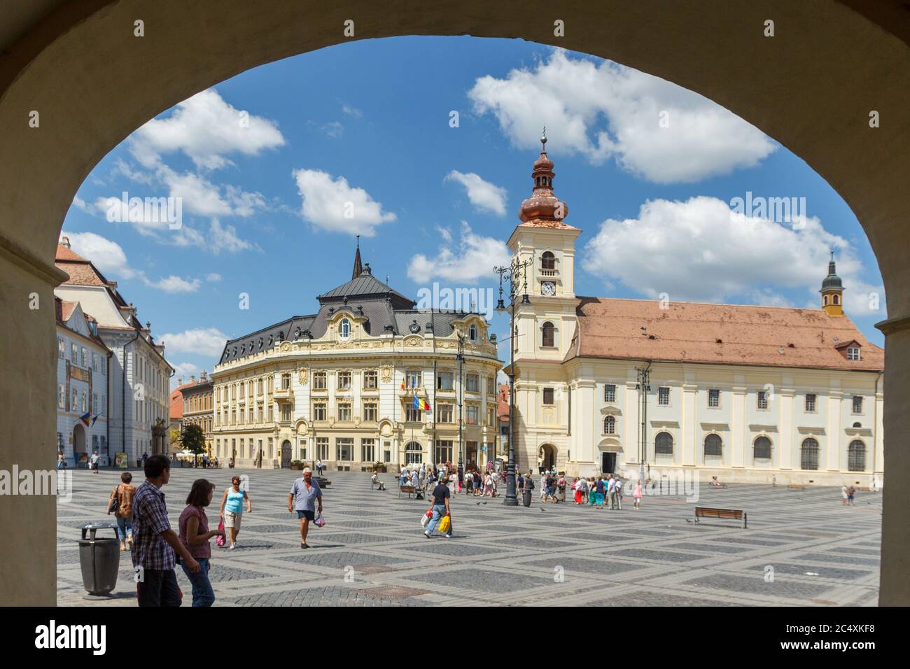 SIBIU, ROMANIA - Circa 2020: Old medieval town with cloudy blue sky ...