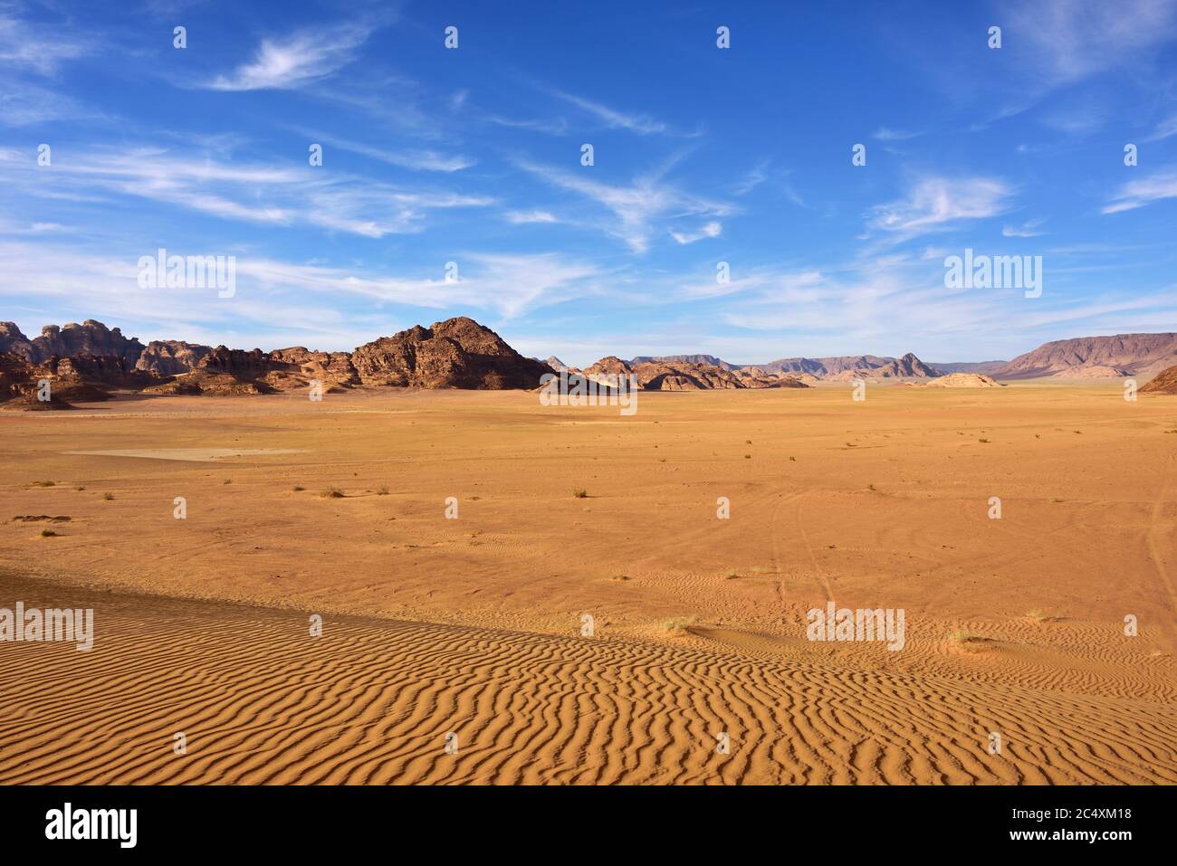 Wadi Rum (The Moon Valley) desert landscape at sunset time, Jordan ...